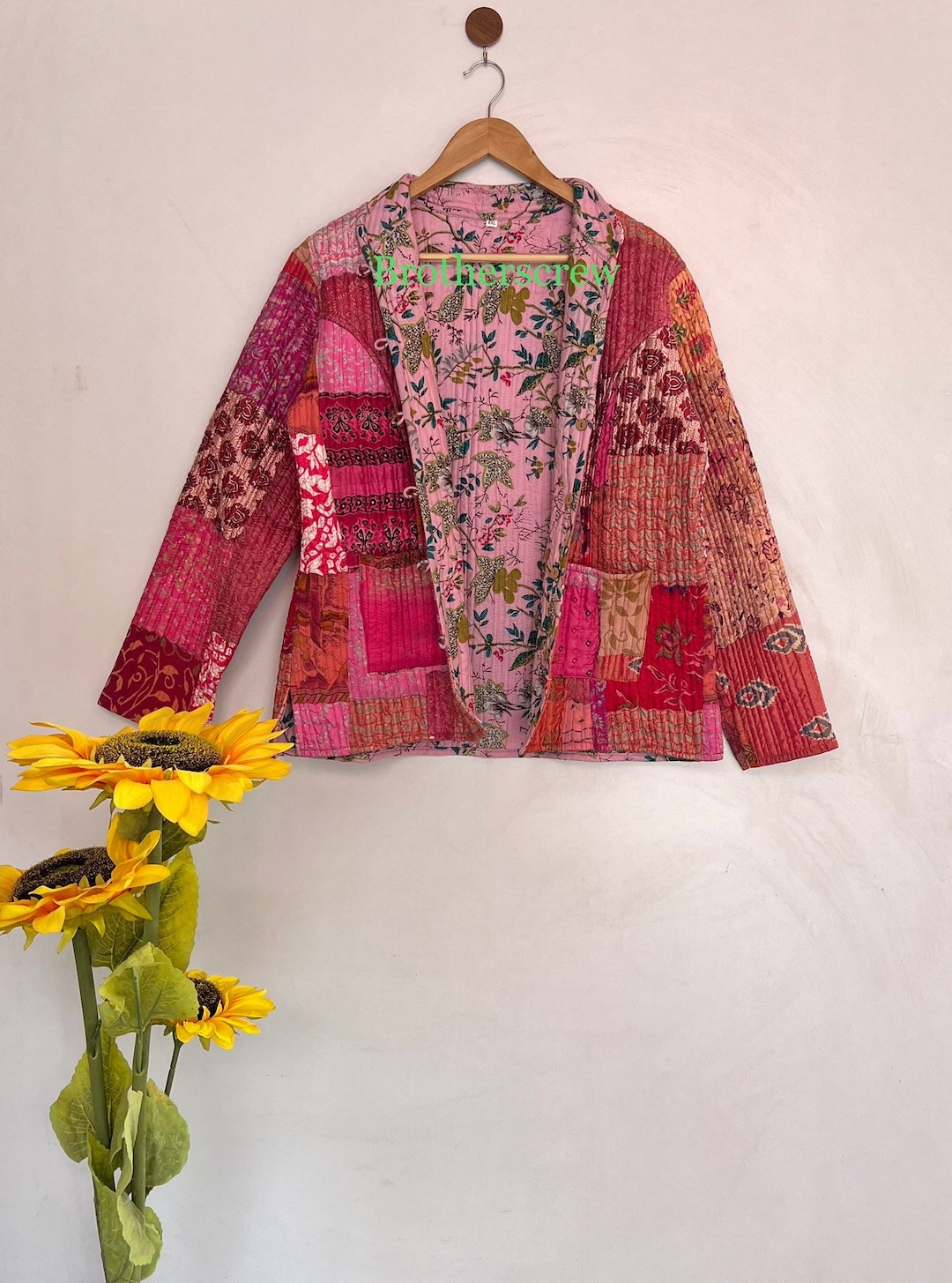 Pink Patchwork Women Quilted Robebridesmaid Reversible Quilted Warm ...