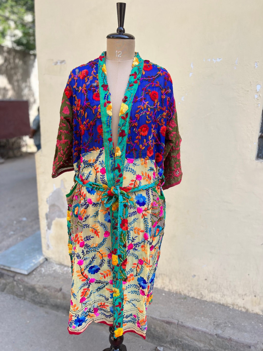 Fulkari Kimono Robe, Hand Embroidery Kimono, Thread Work Kimono, Mirror ...