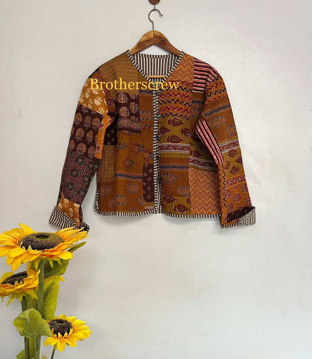 Cotton Quilted Jacket Women Wear Front Open Kimono Stripe Piping ...