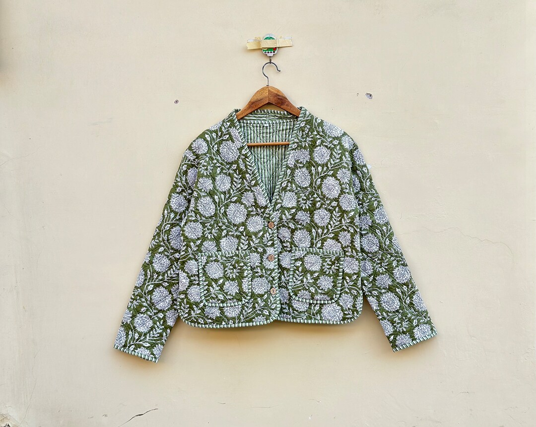 Green Block Print New Style Coats , New Style, Boho Reversable Jacket Coat , Kimono Style Coat ...
