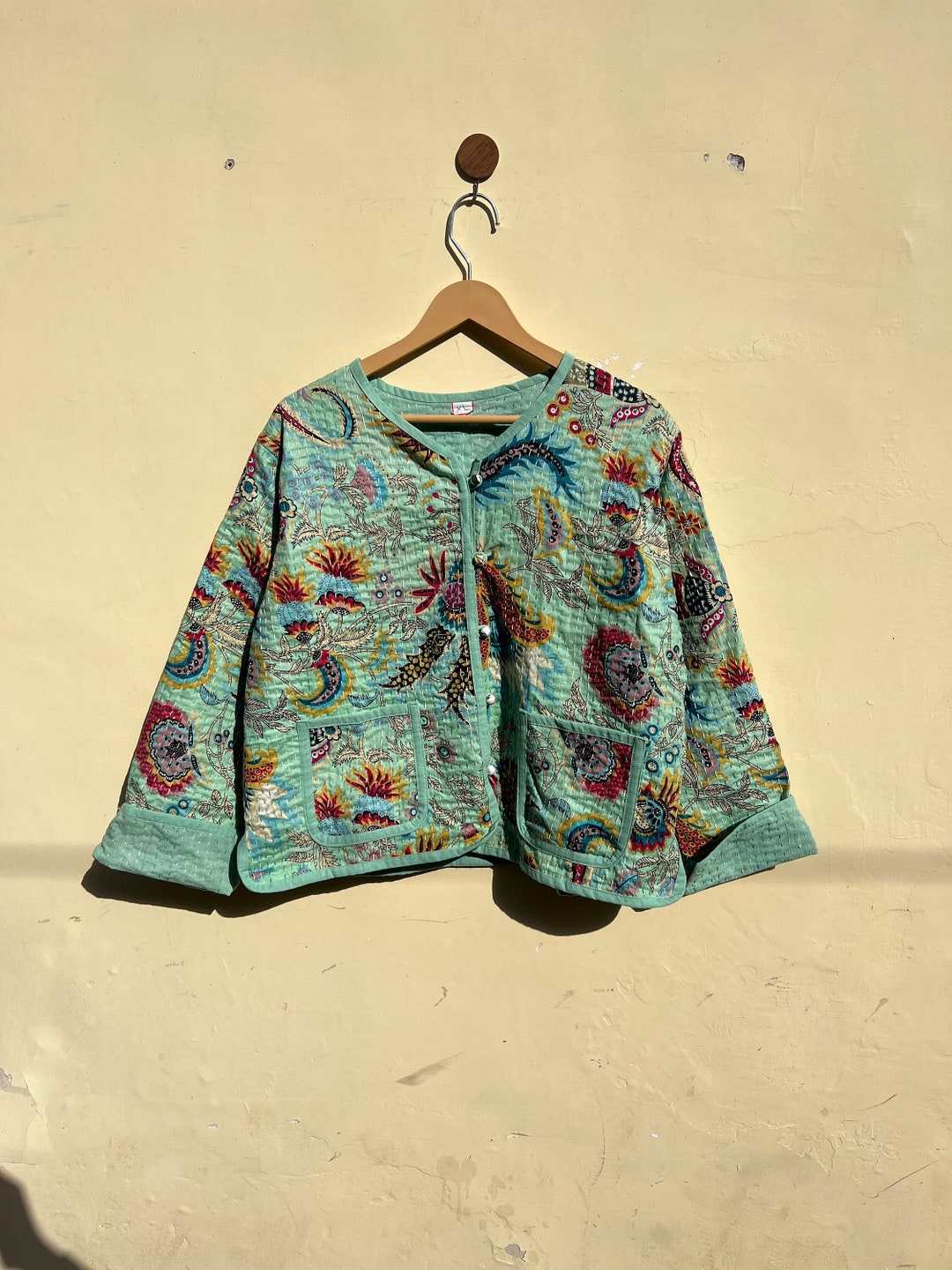 Handmade Patchwork Kantha Jacket, Hand Stitched Cotton Floral Jacket ...
