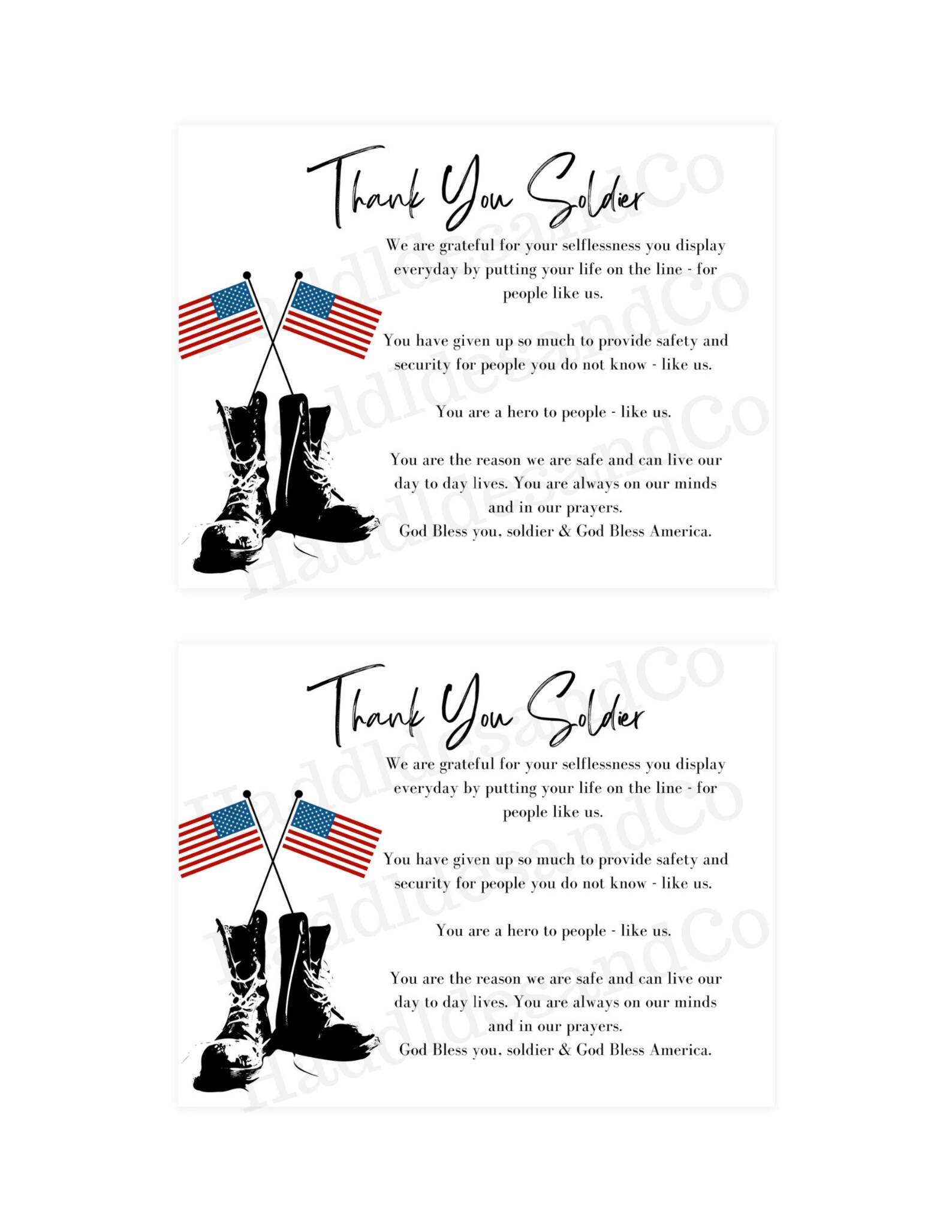 Thank A Soldier Thank You Card Care Package Overseas Printable Veterans ...