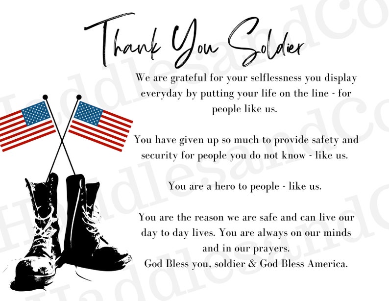 Thank A Soldier Thank You Card Care Package Overseas Printable Veterans ...