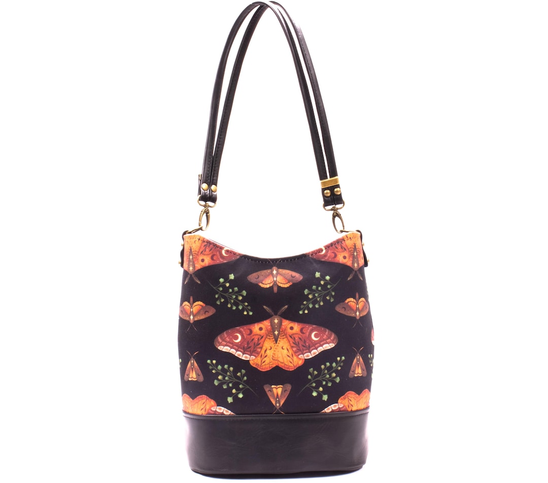 Moonlit Moth Bucket Bag – Leather & Cotton Twill - Etsy