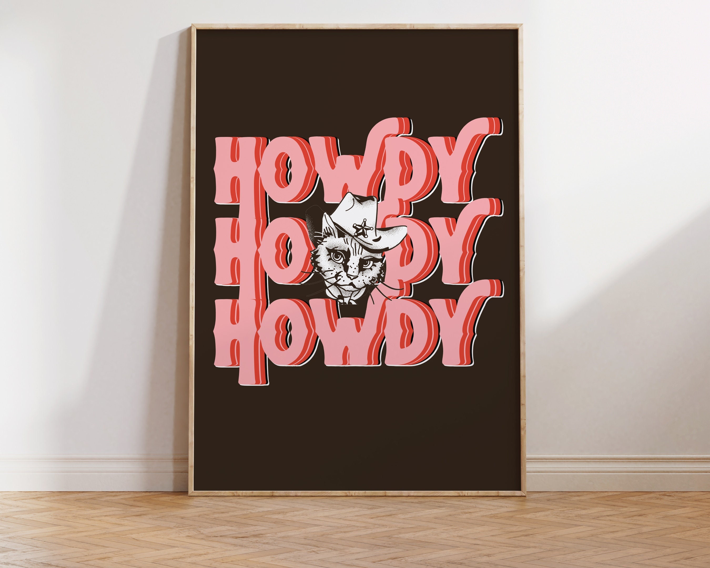 Howdy Preppy Aesthetic Poster, Neon Sign Art, Vintage Cowboy Cat, Howdy ...