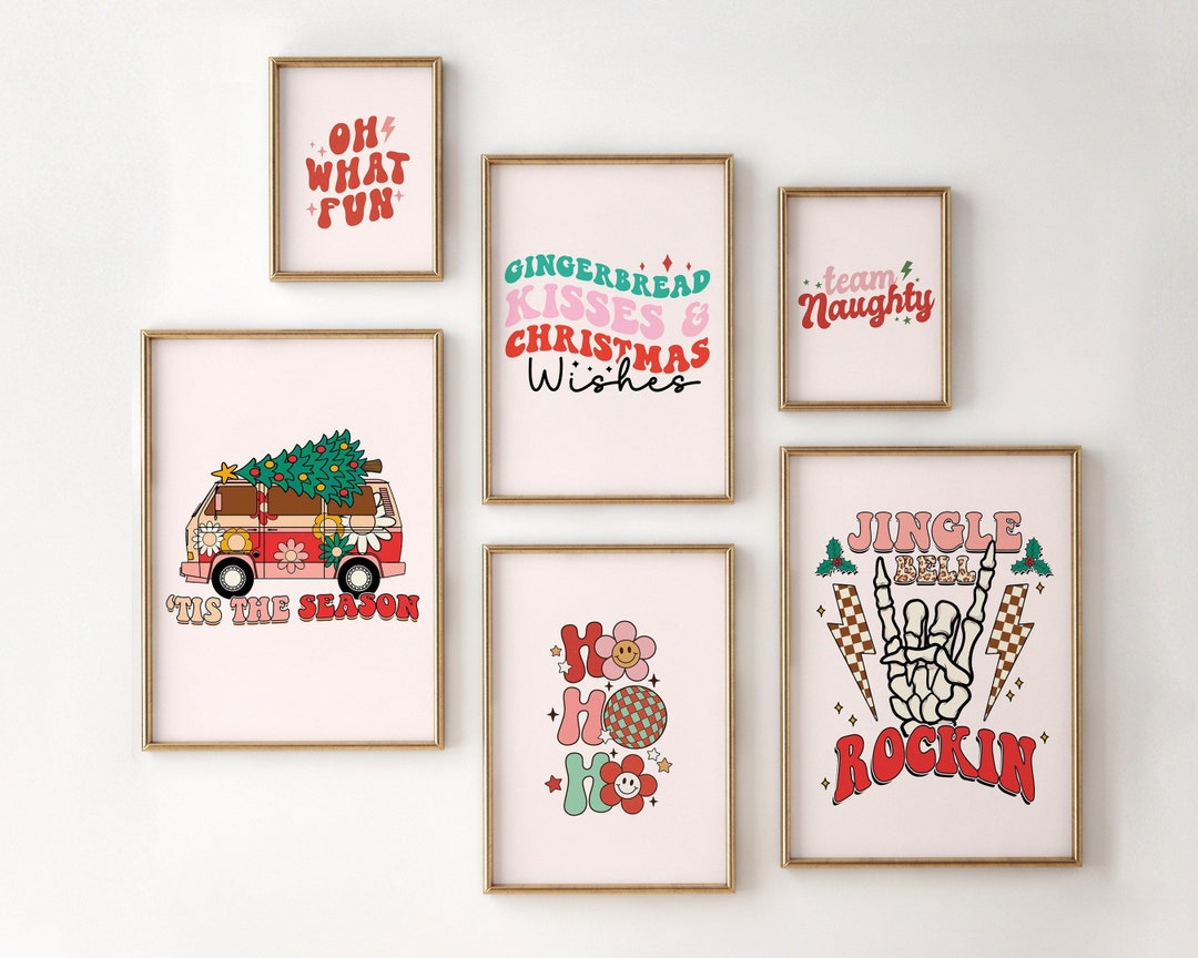 Retro Christmas Prints Set of 6, Christmas Gallery Wall Art, Pink ...