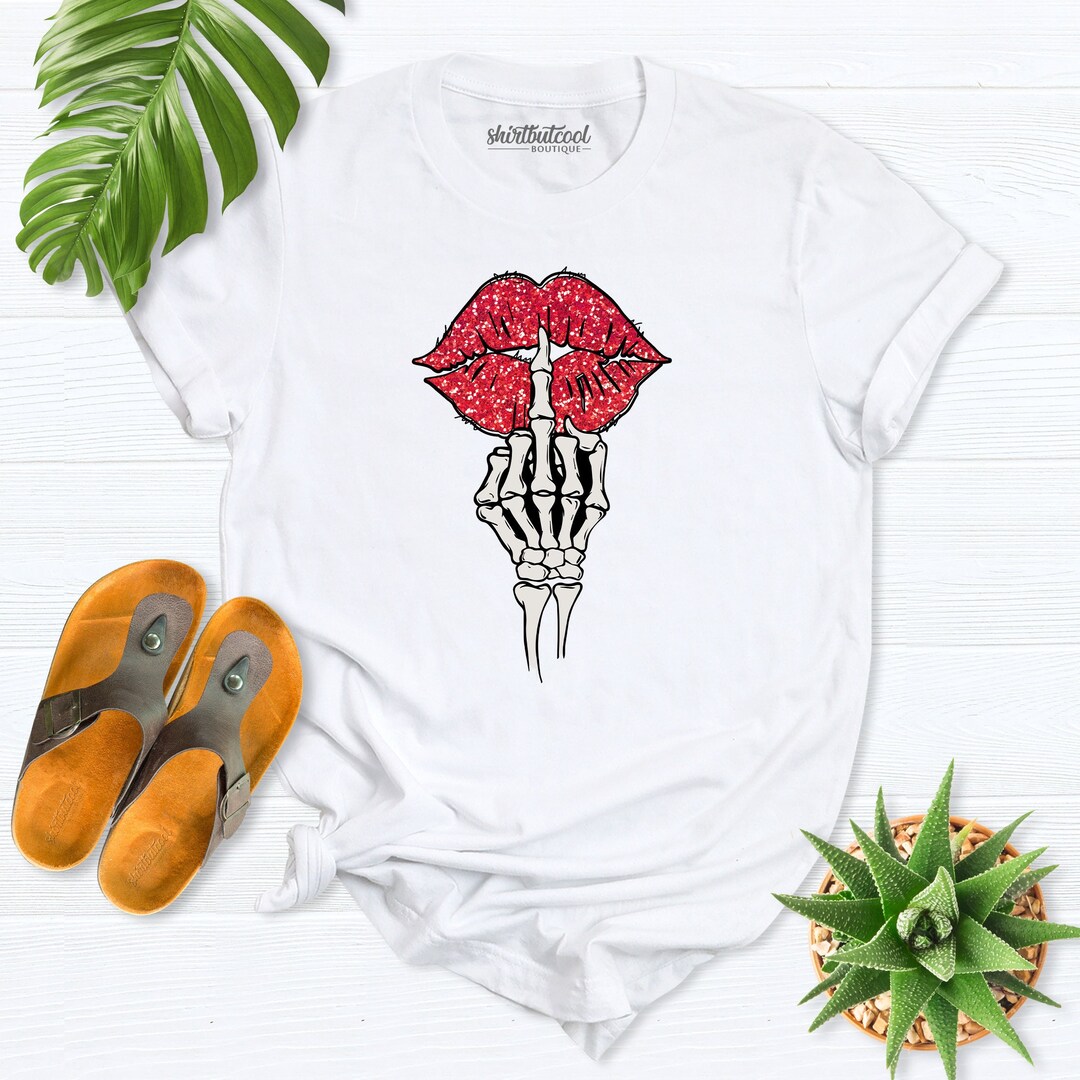 Skeleton Middle Finger Lips Shirt, Kiss Shirt, Red Lips Shirt, Skeleton ...