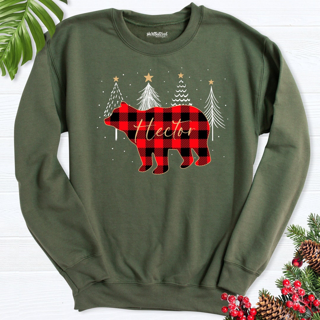 Personalized Christmas Bear Sweatshirt, Buffalo Plaid Bear Christmas ...