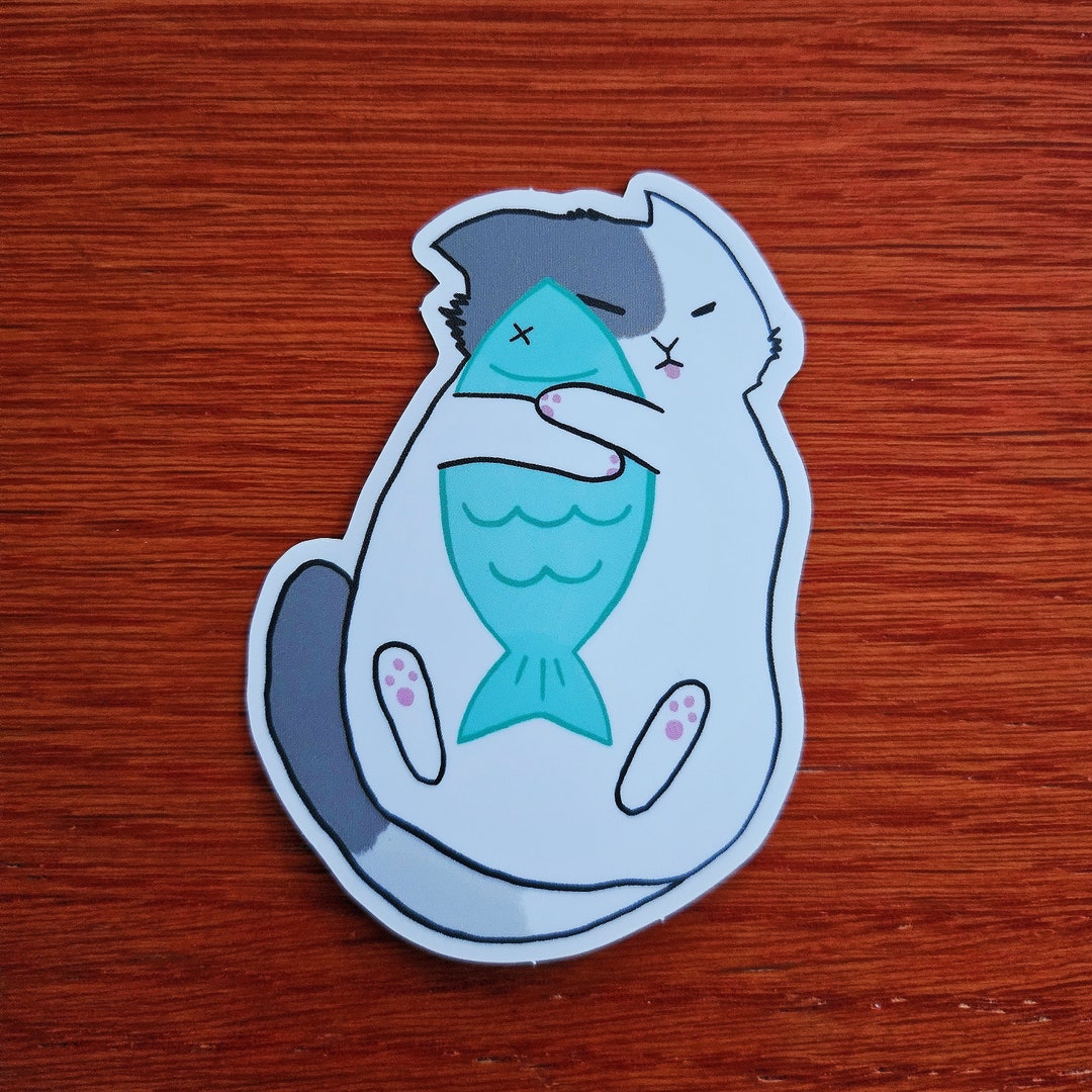 Cute Cat Hugging Fish Sticker - Etsy