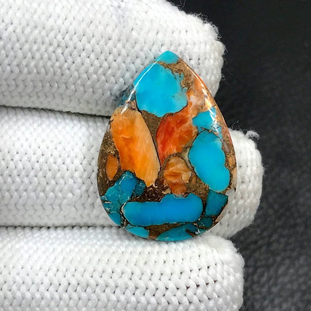 Arizona Mohave Turquoise With Spiny Oyster Cabochon....pear - Etsy