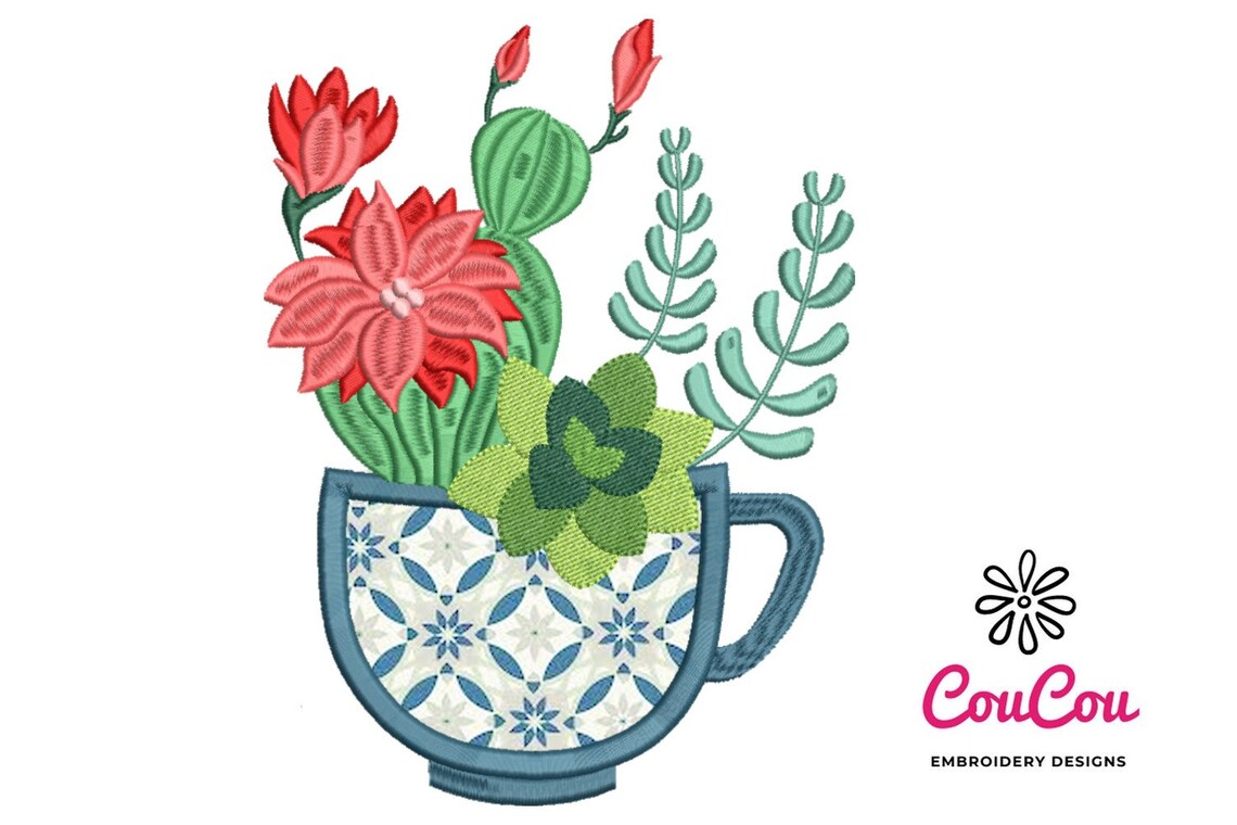 Succulents and Cup Applique - Machine Embroidery Design, Embroidery ...