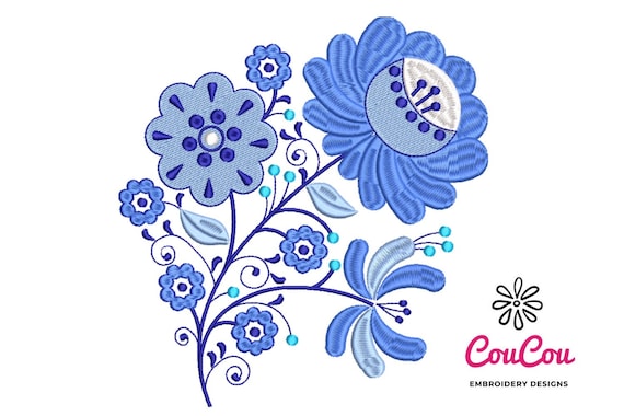 Blue Floral Embroidery Machine Embroidery Design Embroidery - Etsy
