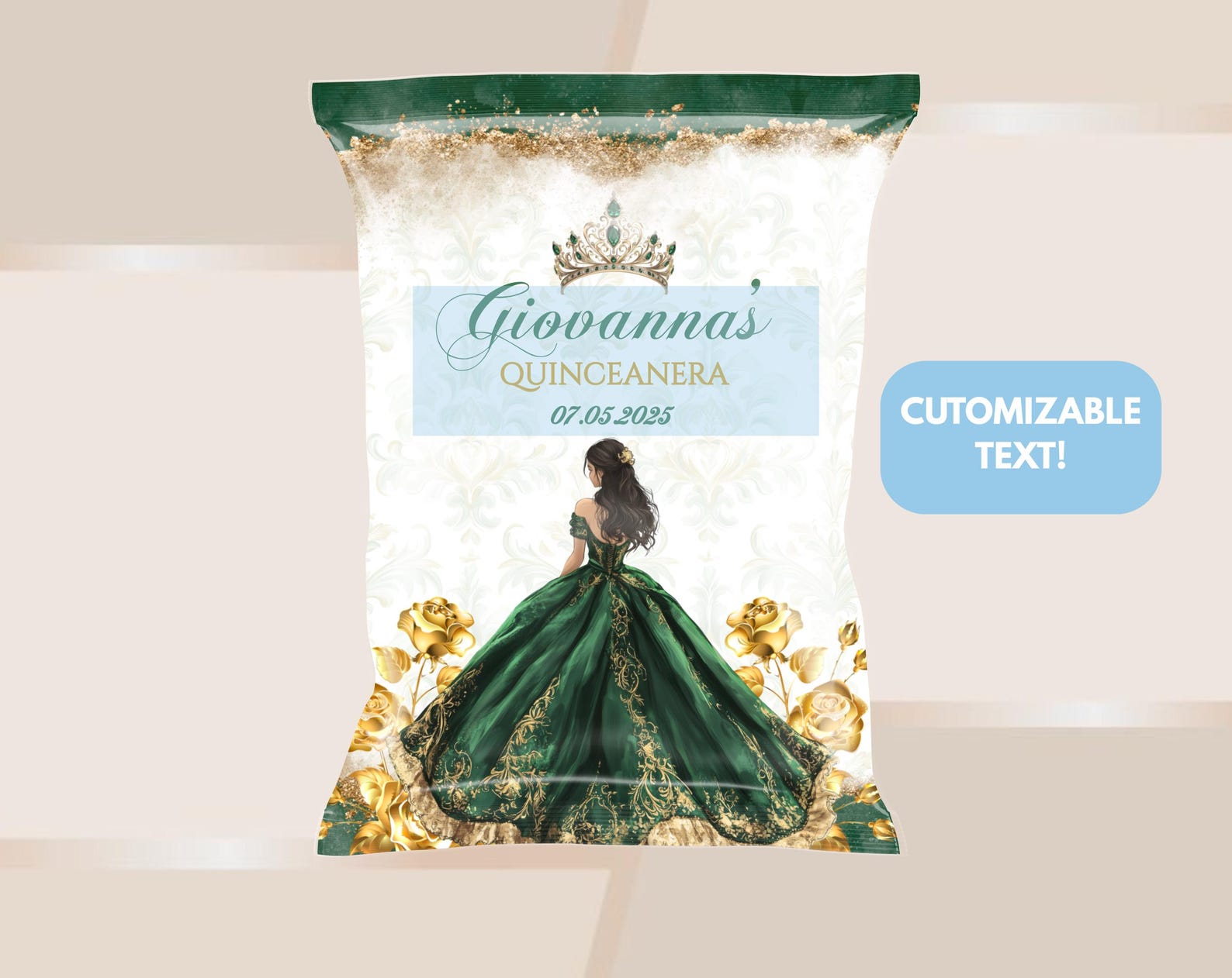 Emerald Green Quinceañera Chip Bag Template: Roses, Gold (digital ...