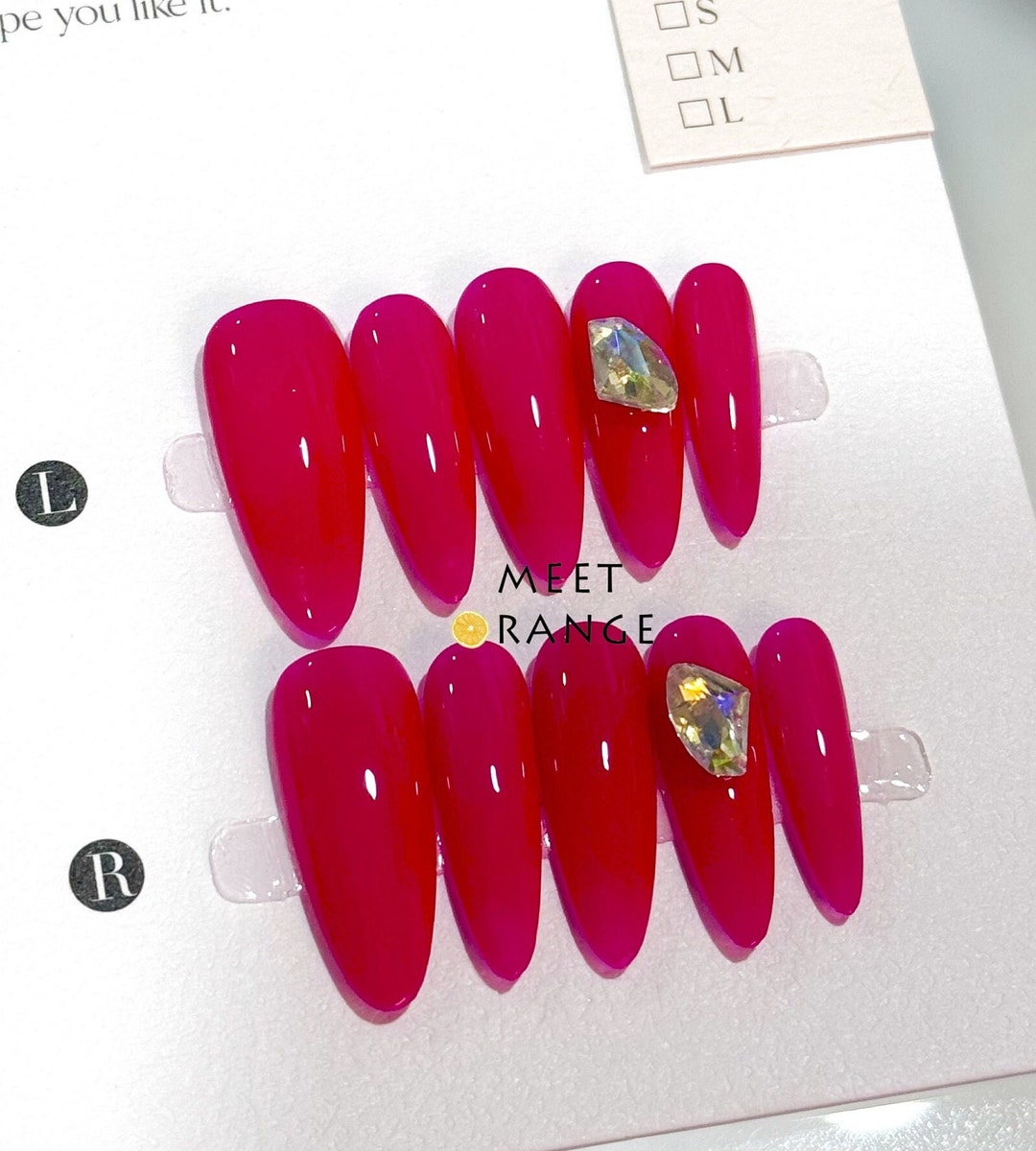 45 - Barbie Pink Crystal Fake Nails | Fluorescence Nails | Glitter ...