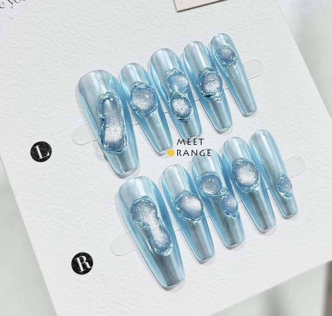 98 - Blue 3D Nails | Irregularity Summer Nails | Handmade Long Coffin ...
