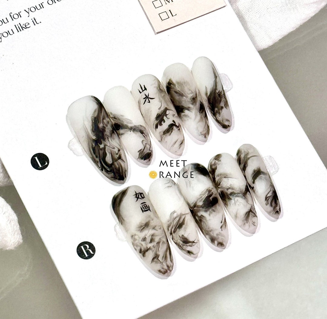 44 - Chinese Style Hand Painted Nails | Ink and Wash | White and Black ...