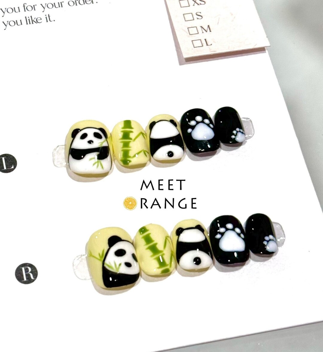 39 - Cute Panda Fake Nails | Hand Painted | Handmade Nails | Press on ...