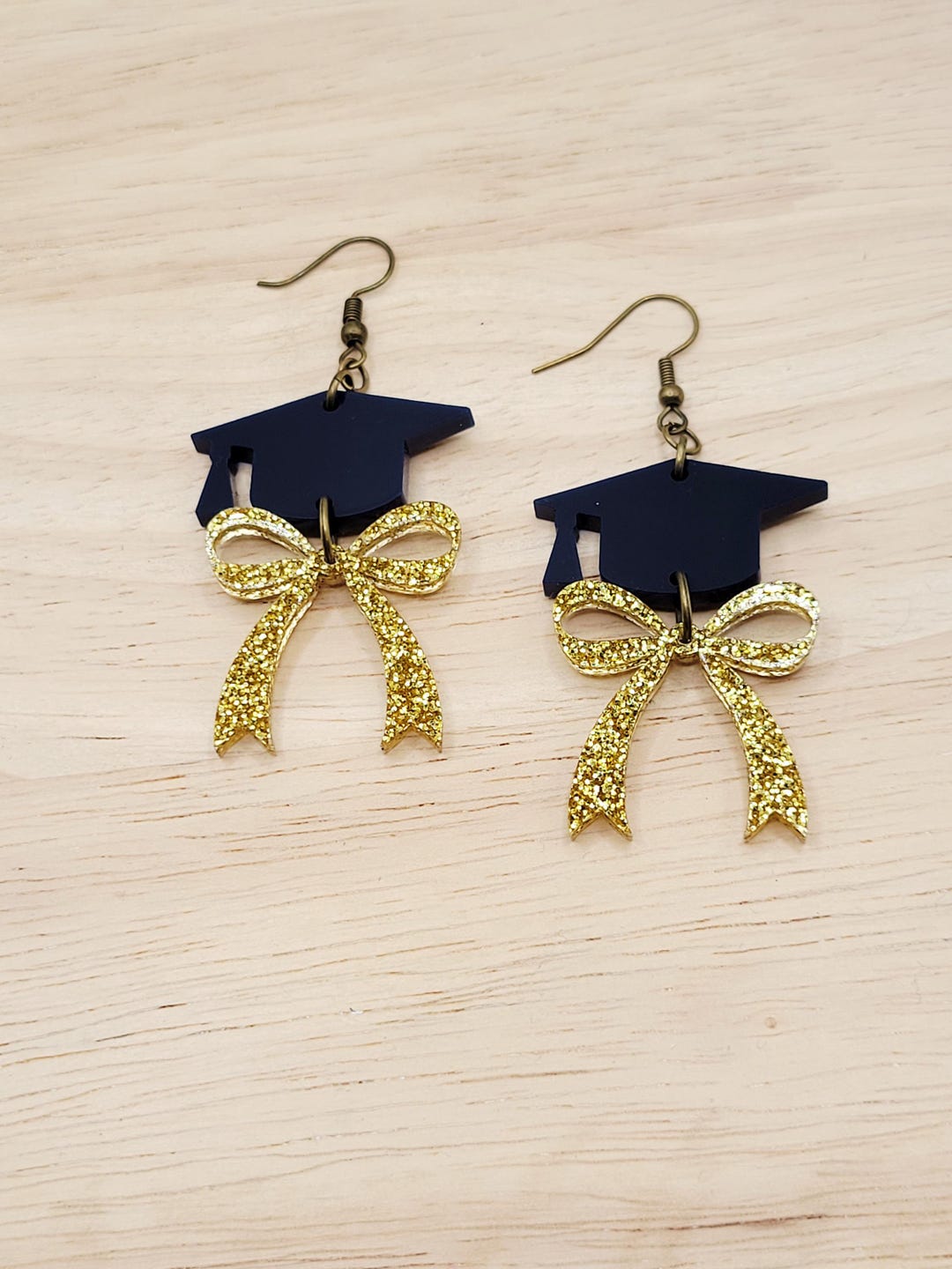 Navy Graduation Cap With Gold Glitter Bow Acrylic Earrings, Graduation ...