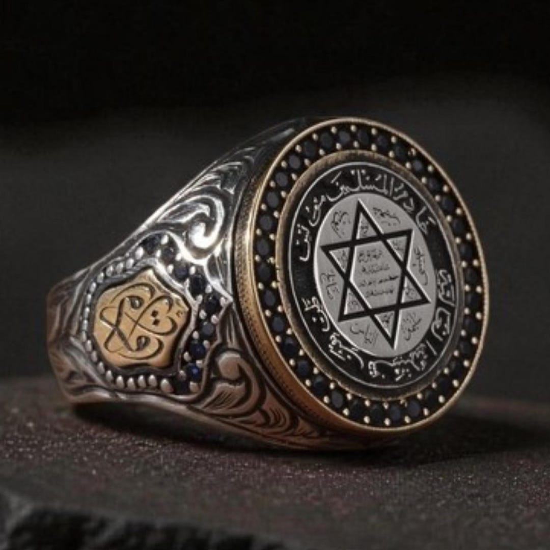 Seal of Solomon Sterling Silver Men's Ring: Sapphire Gemstones & Arabic ...