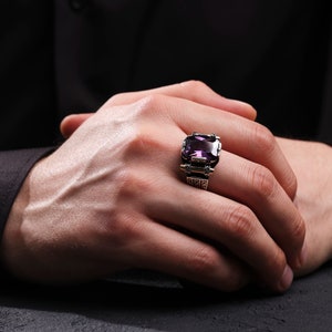 Silver Amethyst Purple Zircon Men's Ring, Square Stone Silver Ring ...