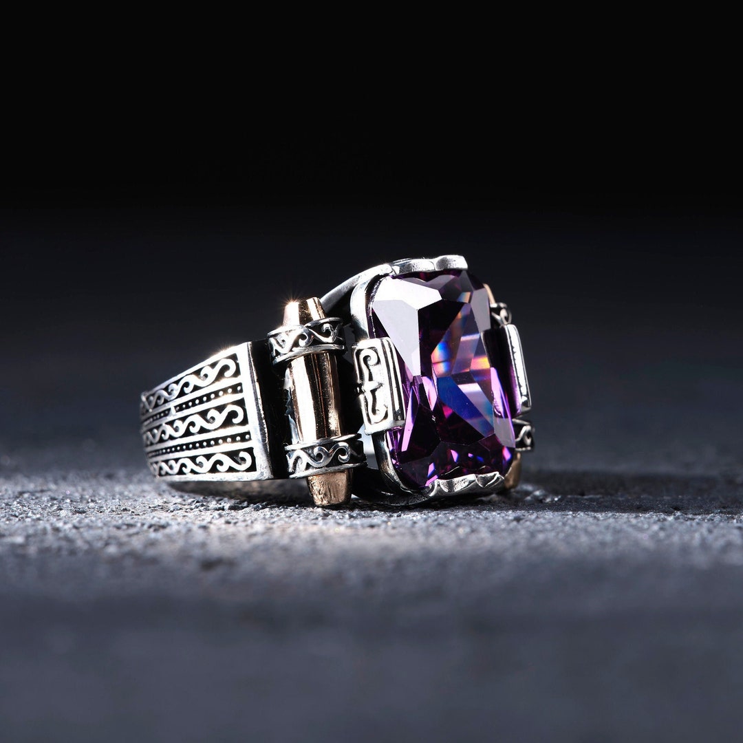 Silver Amethyst Purple Zircon Men's Ring, Square Stone Silver Ring ...
