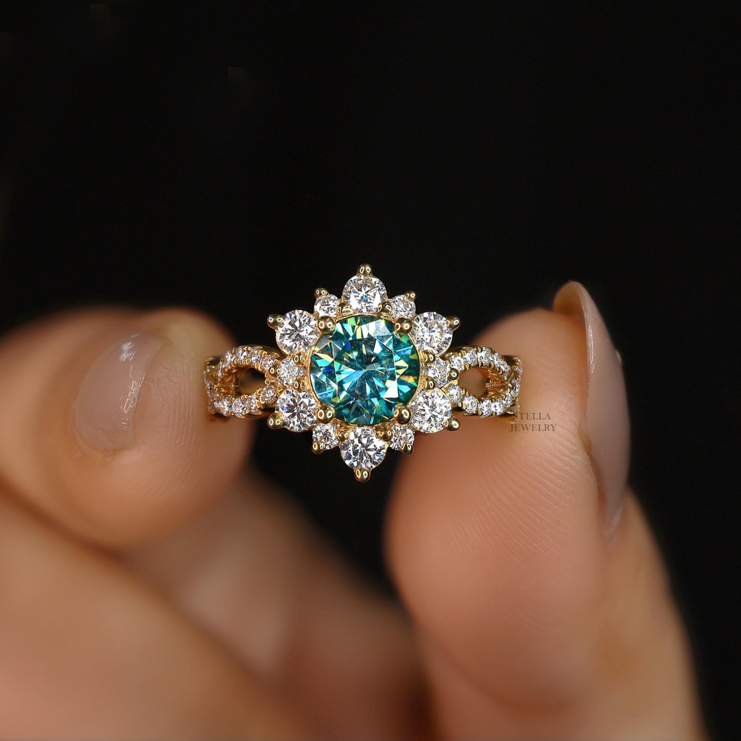 1CT Sunburst Halo Engagement Ring Cyan Blue Moissanite Ring Vintage ...
