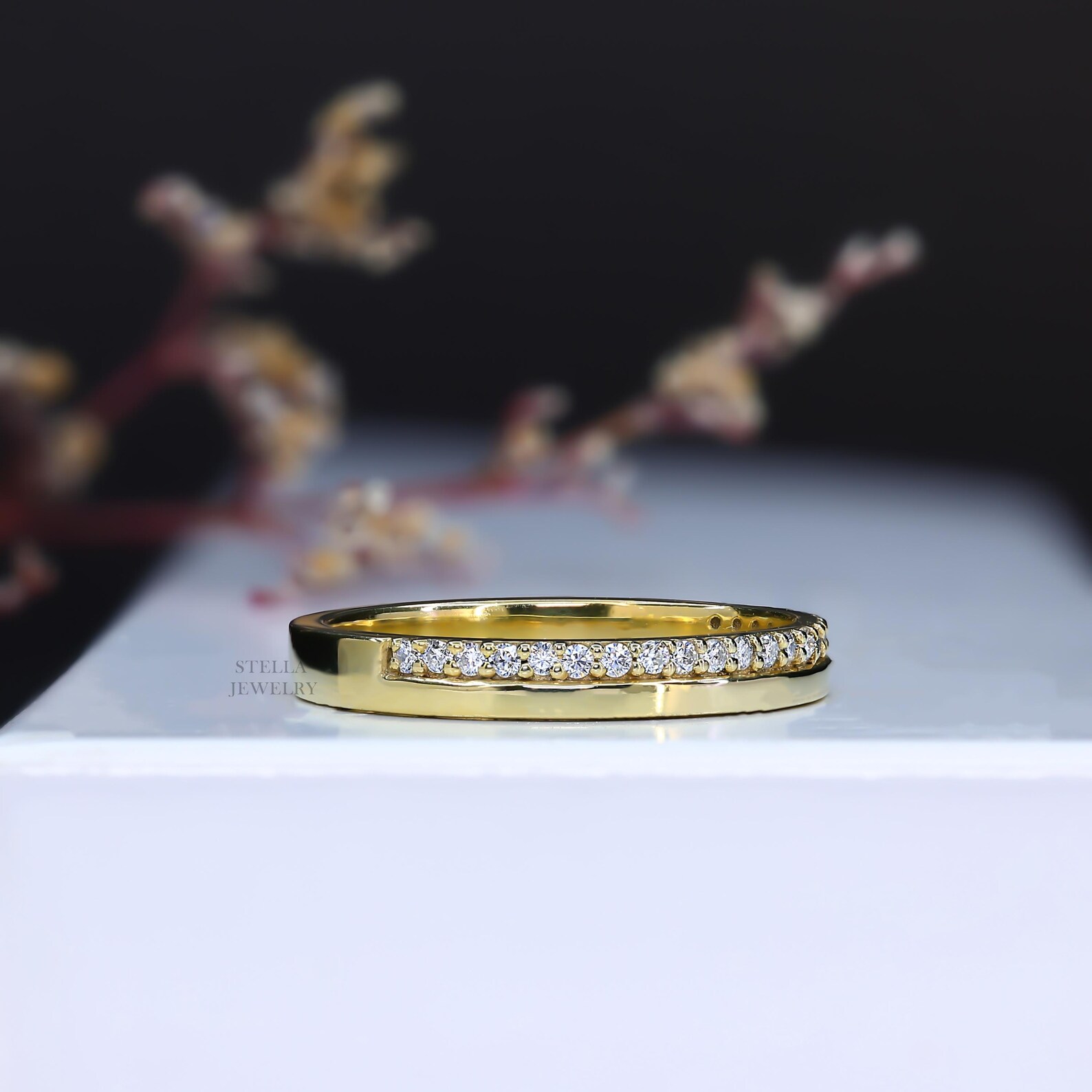 One Side Pave Wedding Band Women Half Eternity Lab Diamond Band 3MM ...