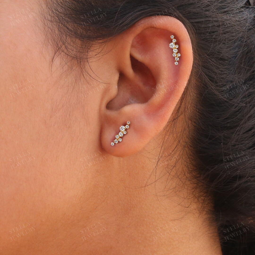 Single (half Pair) Climber Earrings Lab Grown Diamond Earrings 14K Gold ...