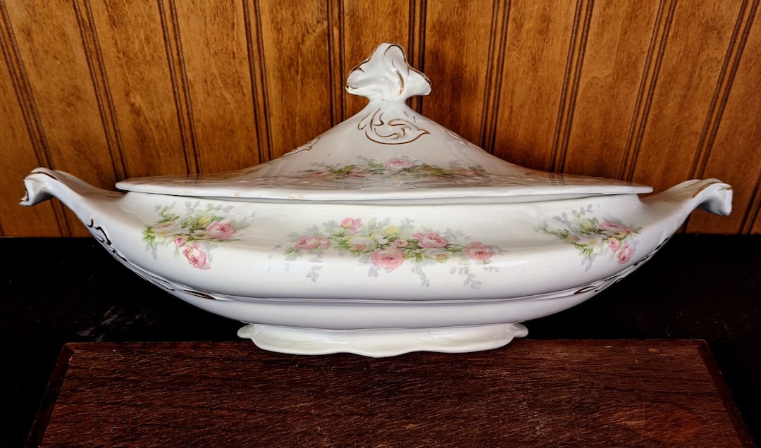 Antique Covered Casserole Serving Dish With Pink Roses & Gold Trim, by ...