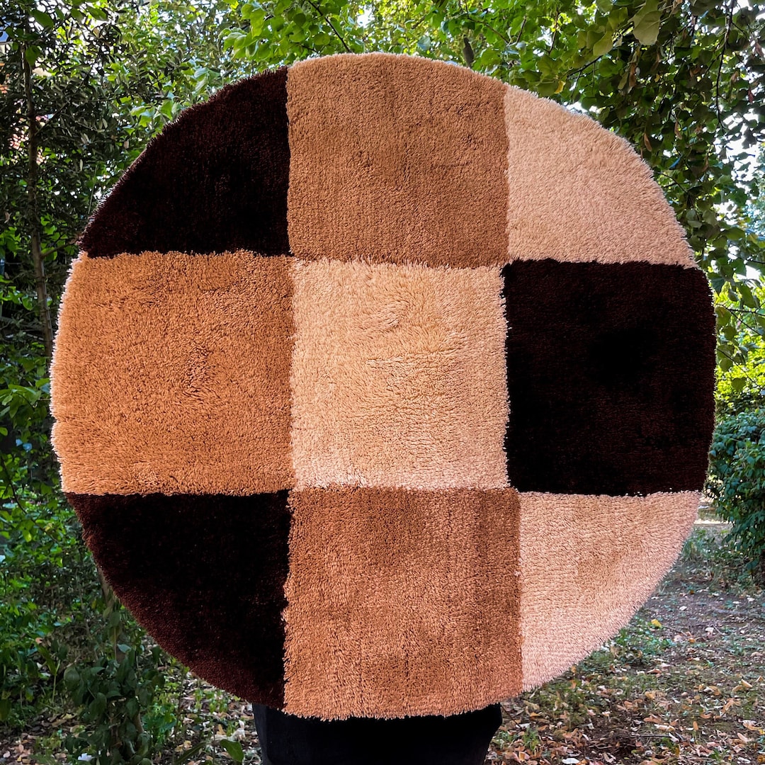 CHECKERED BROWN RUG Fluffy Mosaic Circle Rug Brown Accent - Etsy