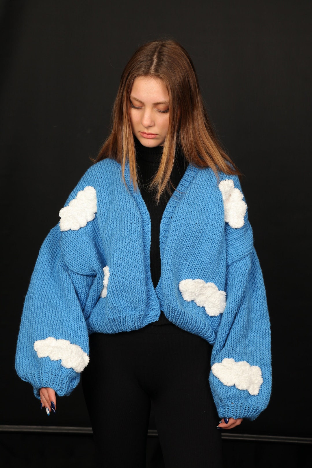 Handmade Embroidered 3D Cloud Cardigan, Hand Knitted Cloud Sky Sweater ...