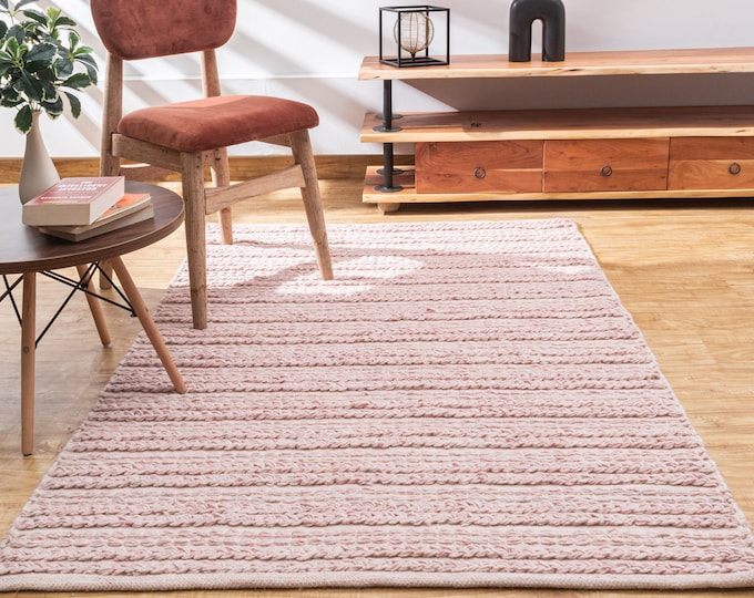 The Indoor Store - Hand Woven Wool Area Rug, Textured Pink, Cable Knit ...