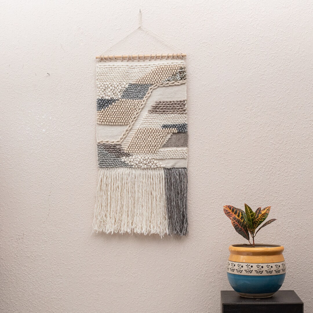 The Indoor Store Hand Woven Cotton & Wool Grey Wall Hanging, Bohemian ...