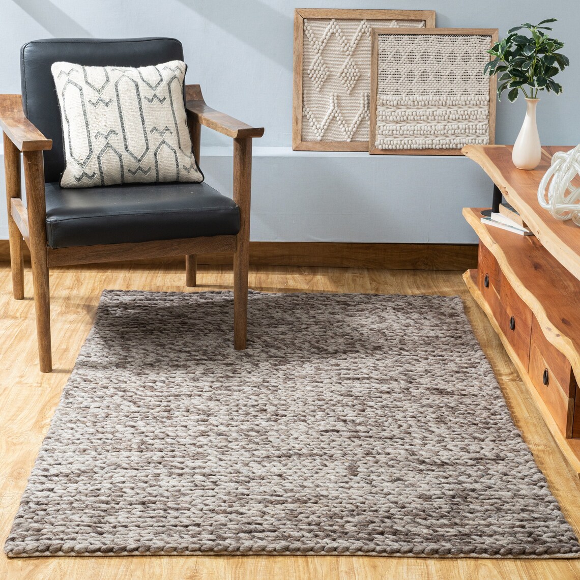 The Indoor Store - Hand Knitted Chunky Wool Area Rug, Textured Brown ...
