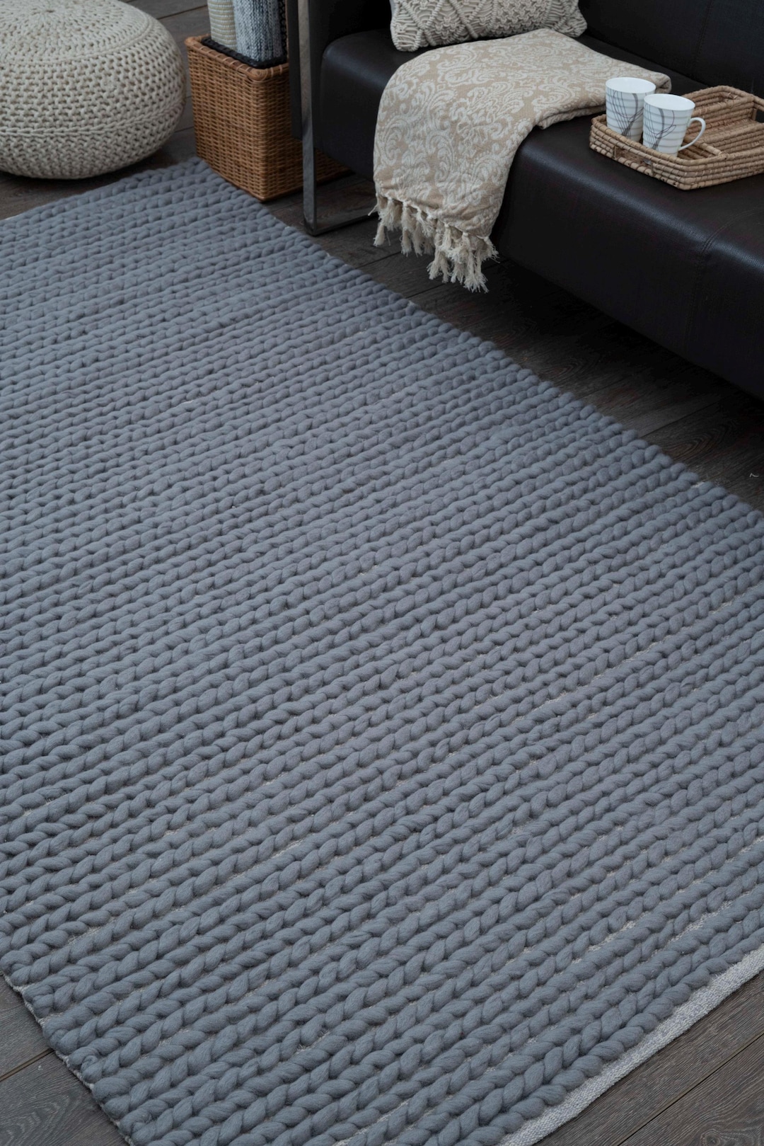 The Indoor Store - Hand Knitted Chunky Wool Area Rug, Grey, Cable Knit ...