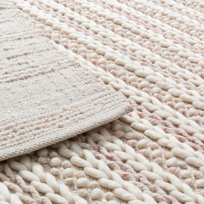 Hand Woven Wool Area Rug – Textured Cable Knit, Pink & Ivory - Etsy