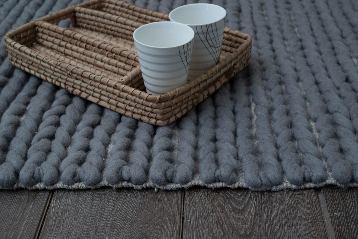 The Indoor Store - Hand Knitted Chunky Wool Area Rug, Grey, Cable Knit ...
