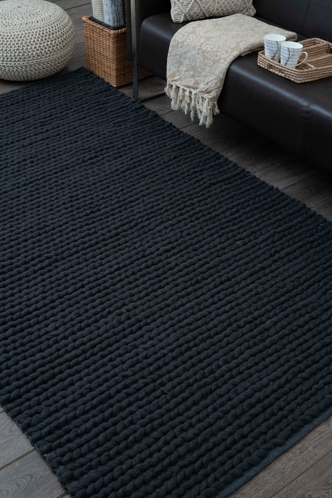 The Indoor Store - Hand-knitted Chunky Wool Area Rug, Charcoal Black ...