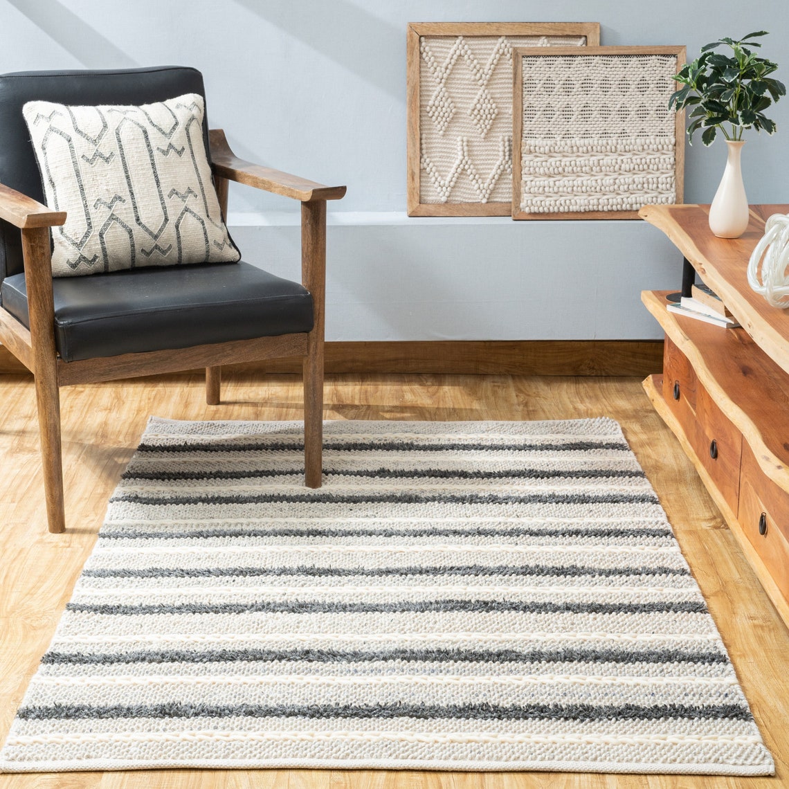 The Indoor Store - Hand Woven Wool Area Rug, Grey & Off-white, Textured ...