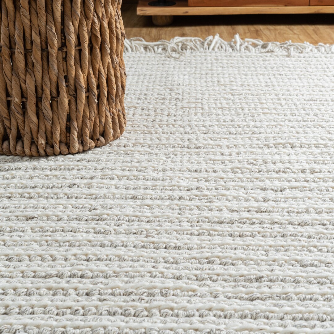 The Indoor Store Hand Woven Wool Area Rug, Textured Grey & off White - Etsy