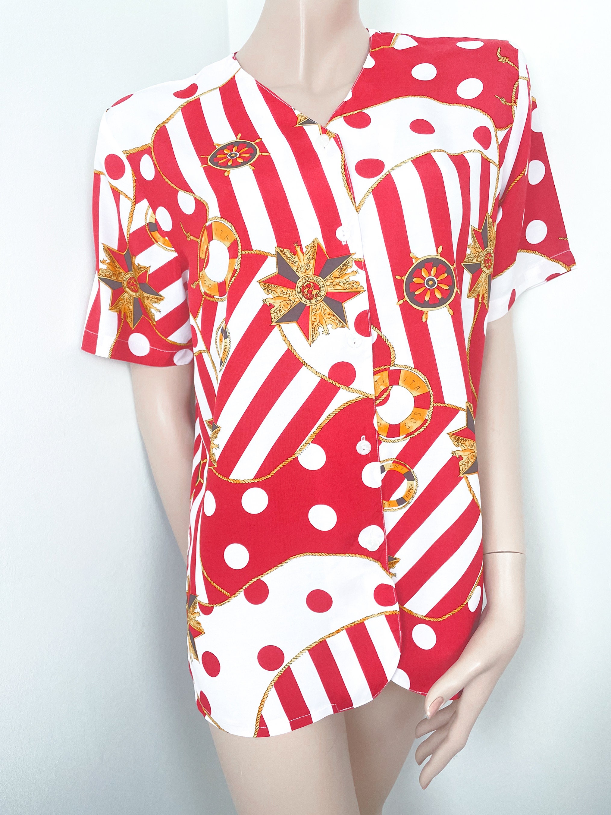 Nautical Blouse Shirt / 80s Preppy Vintage / Red White Gold Print ...