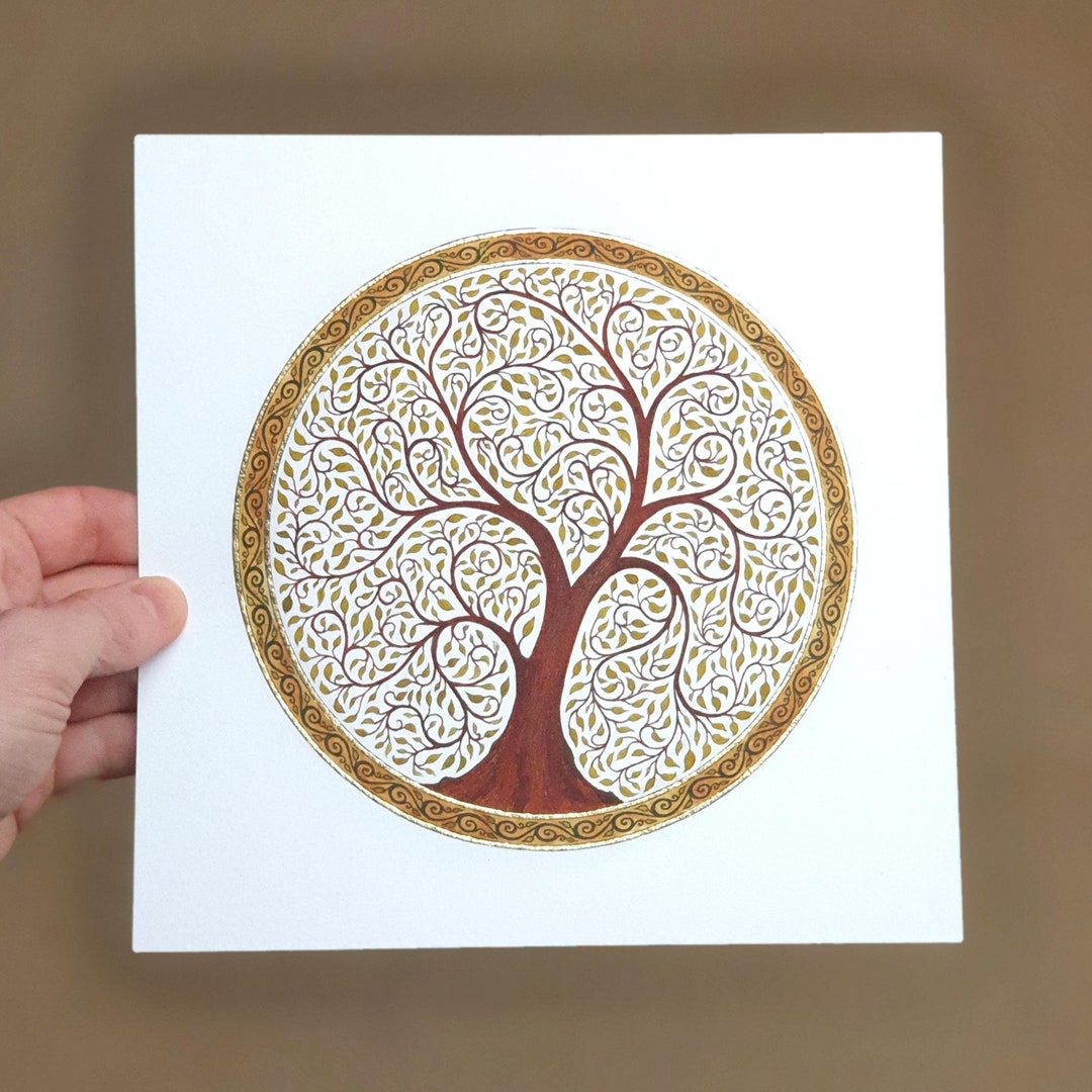 Tree Circle - Ink Drawing With Gold Leaf - Filigree Style Illustration ...