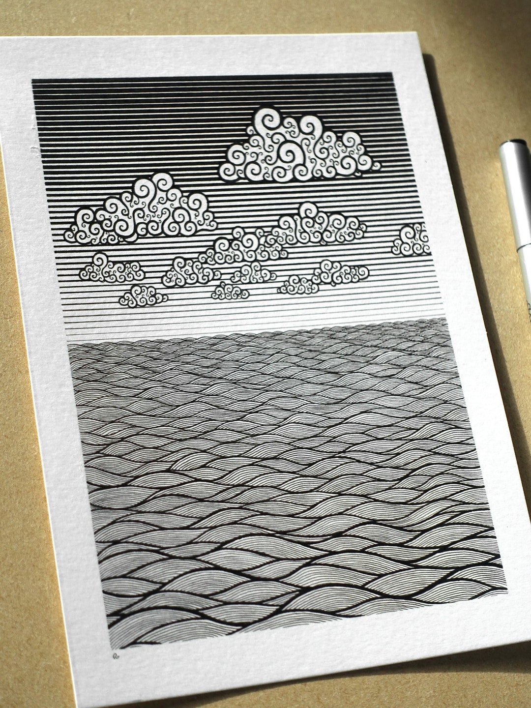 Sea and Sky Ink Drawing - Etsy