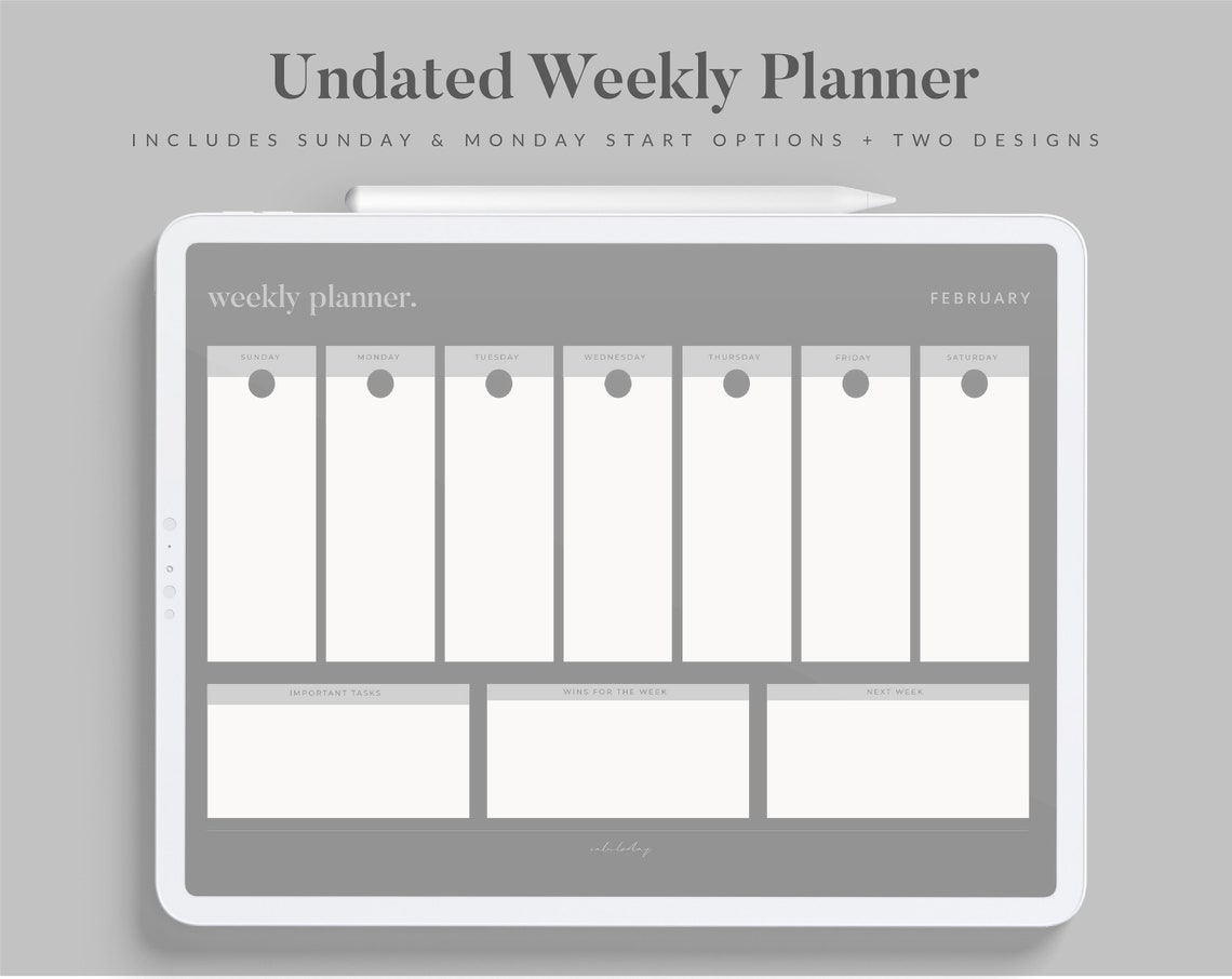 Weekly Digital Horizontal Planner Grey / Monochrome Undated Sunday ...