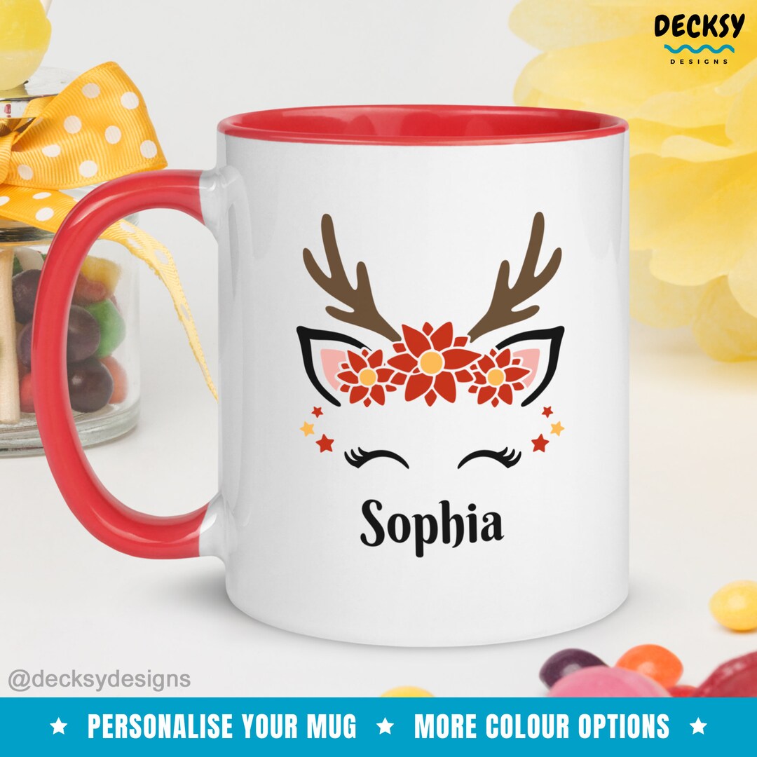 Reindeer Face Mug, Custom Christmas Mug, Personalised Reindeer Mug ...