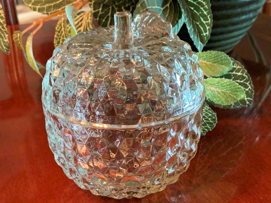 Vintage Covered Candy Dish MCM Apple Jam Jar Jeanette Clear Pressed ...
