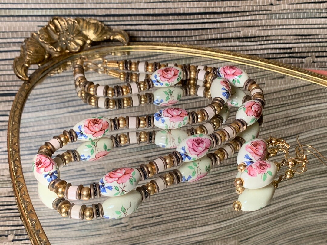 Vintage Jewelry Set Rosebud and Cornflower Ivory Ceramic & Brass Bead ...