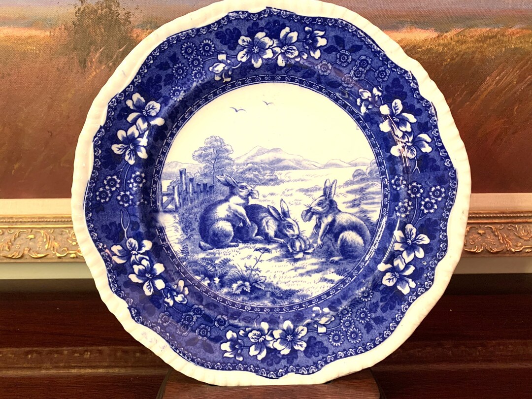 Antique Copeland Late Spode Rabbit Plate Blue Transferware Tower ...