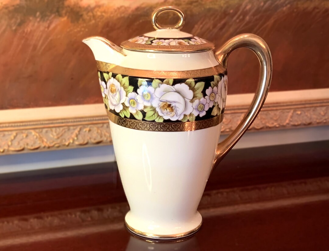 Vintage Noritake Japan Chocolate Pot Hand Painted White Roses on Black ...