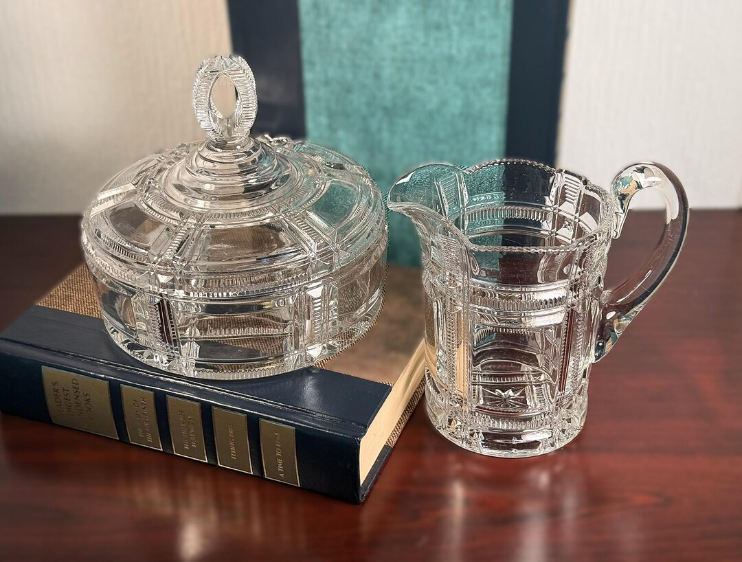 Antique Duncan Glassware Creamer and Butter Dish: Zippered Block ...
